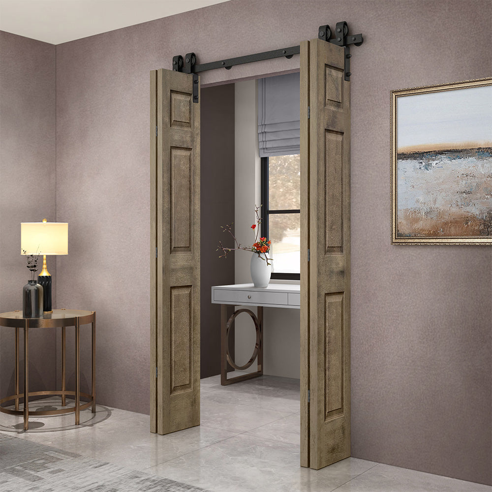 6 Panel MDF Composite Double Bi-Fold Stain Barn Doors with Sliding Har ...