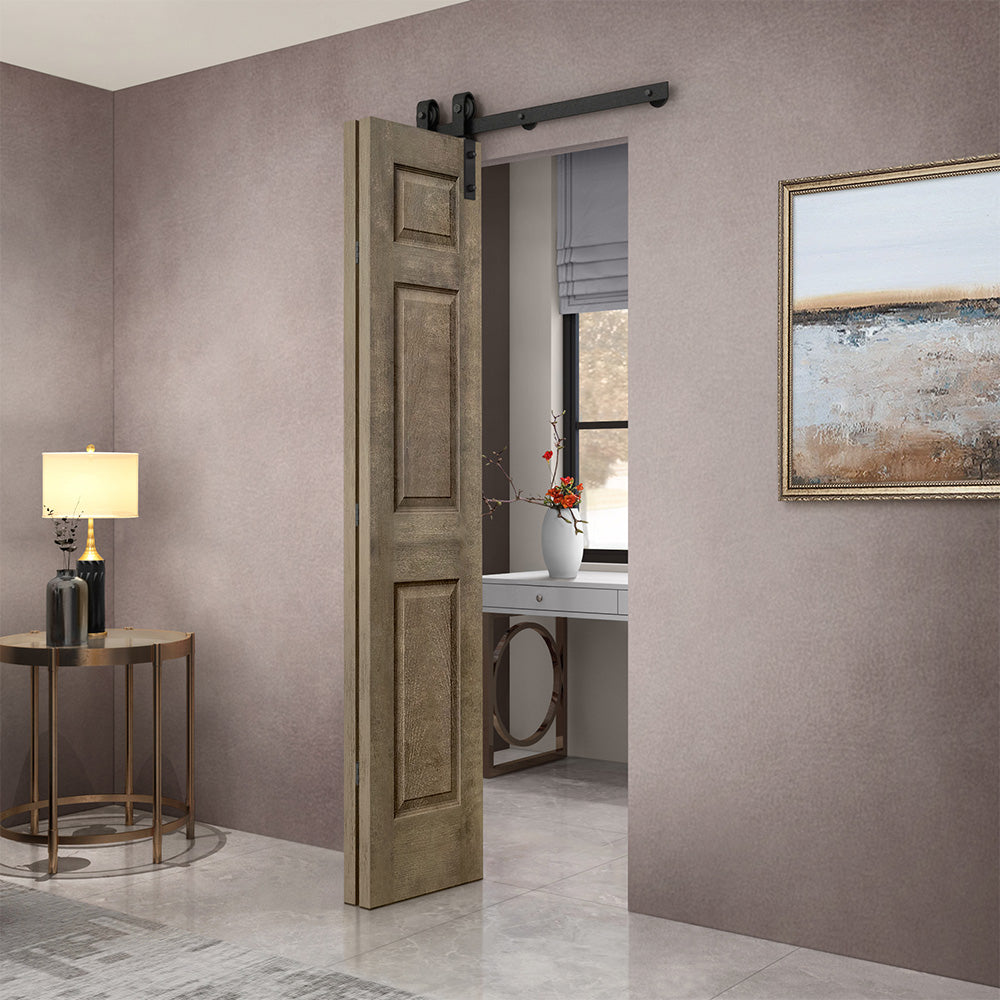 6 Panel MDF Composite Bi-Fold Stain Barn Door with Sliding Hardware Ki ...