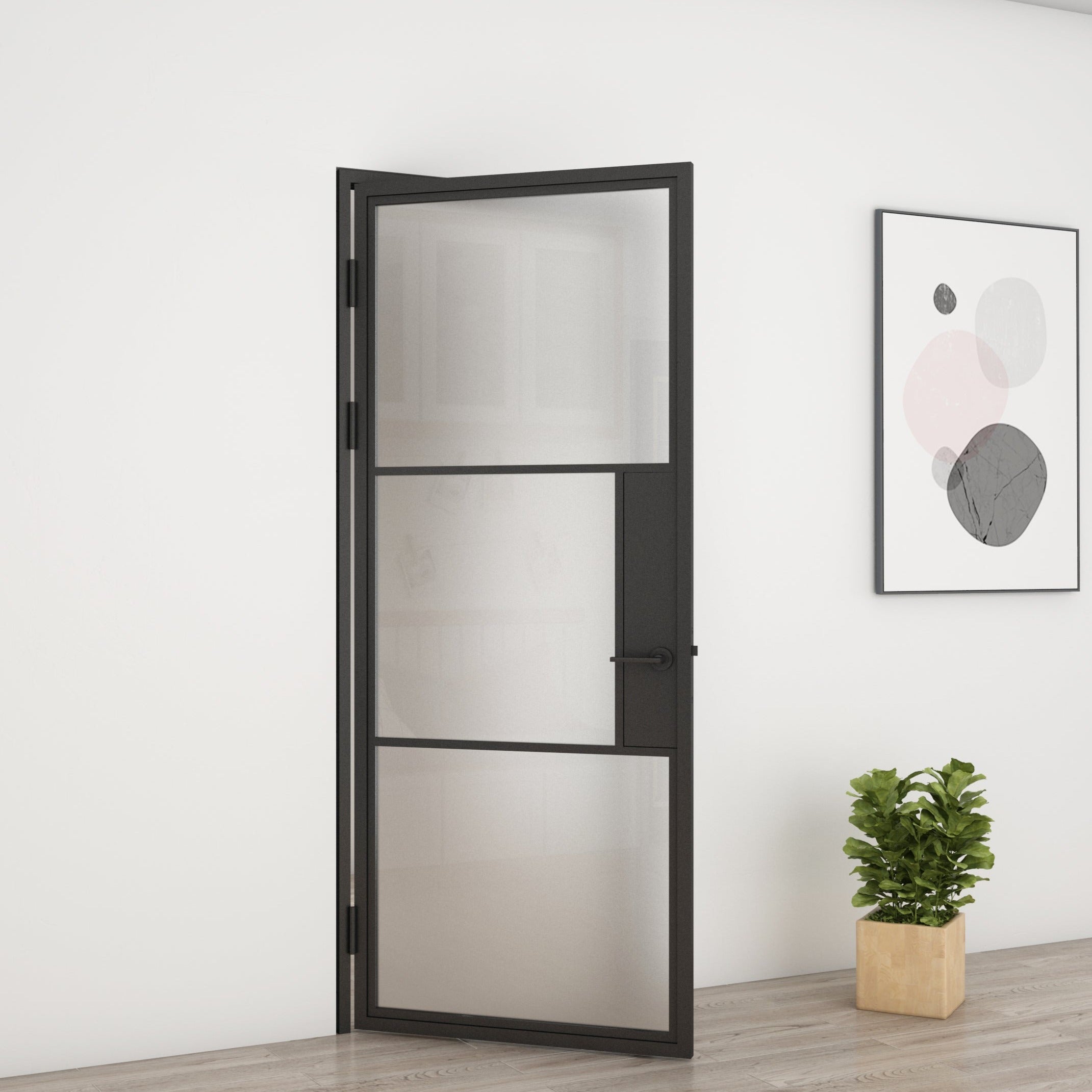 36 in. x 85 in. 3 Lite Frost Glass Black Steel Frame Prehung Interior ...