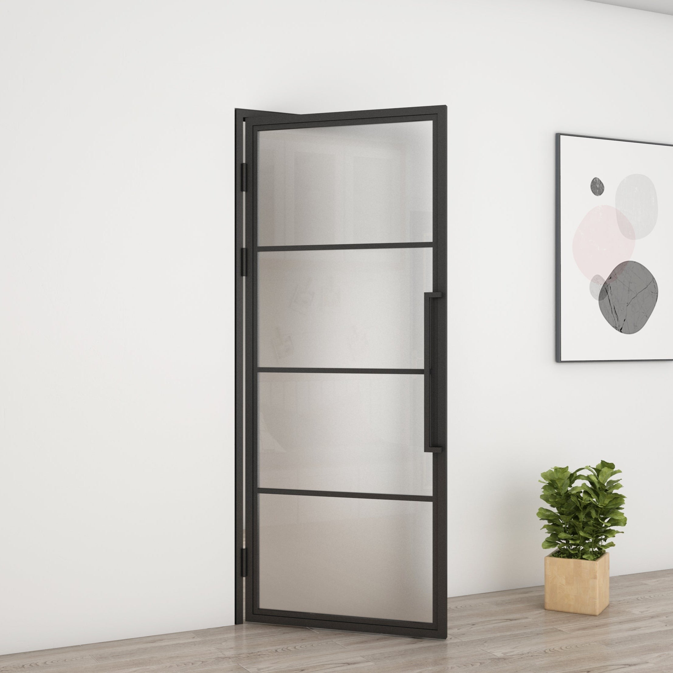 36 in. x 85 in. 4 Lite Frost Glass Black Steel Frame Prehung Interior ...